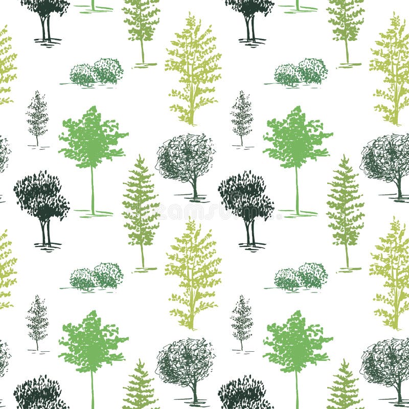 Trees Sketch Background. Seamless Vector Pattern. Hand Painted Green ...