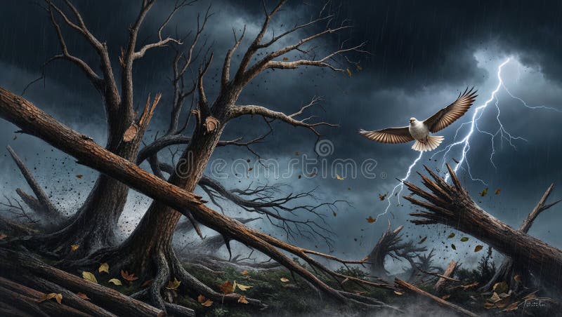 Trees Snapping in Strong Winds – a Lone Bird Flying through the Storm ...