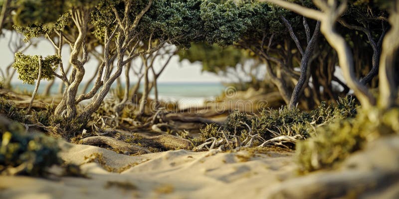 Trees Stand Tall on the Sandy Beach, Surrounded by Ocean Waves Stock ...
