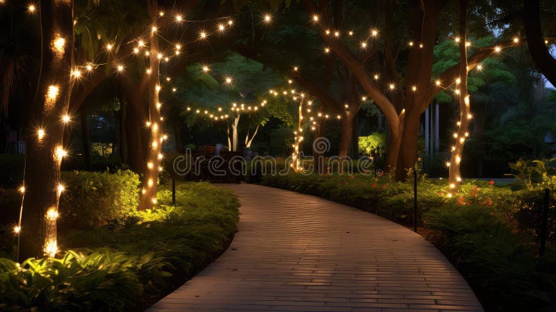 Trees string lighting stock illustration. Illustration of gatherings ...