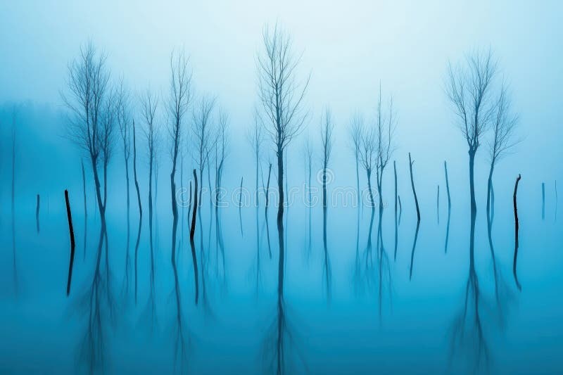 Trees Surrounded by Fog Create Serene Reflections in Calm Water. Stock ...