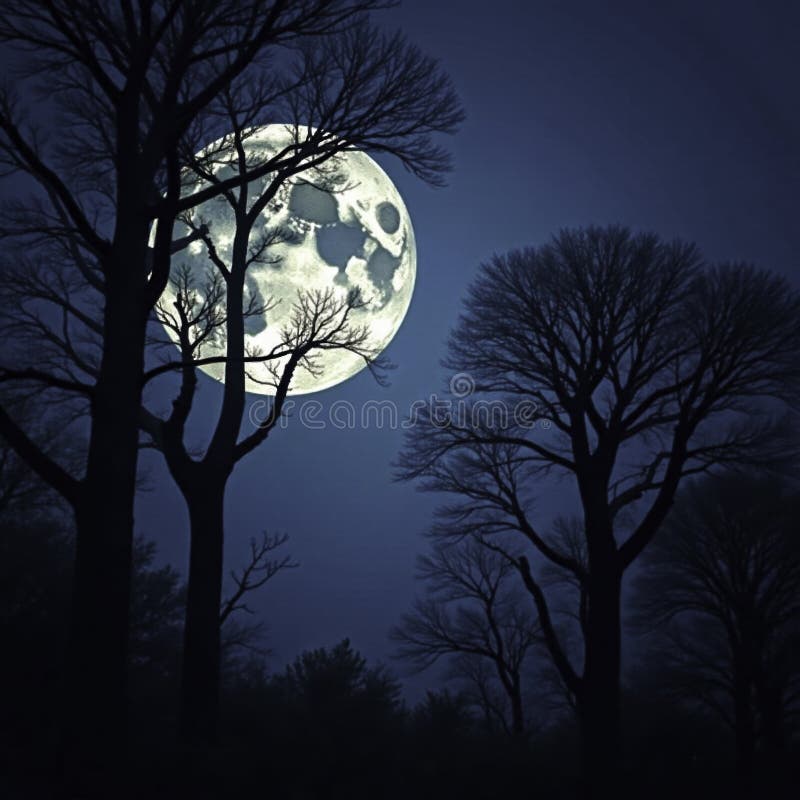 Trees Swaying in the Wind Under the Light of a Full Moon, Atmospheric ...