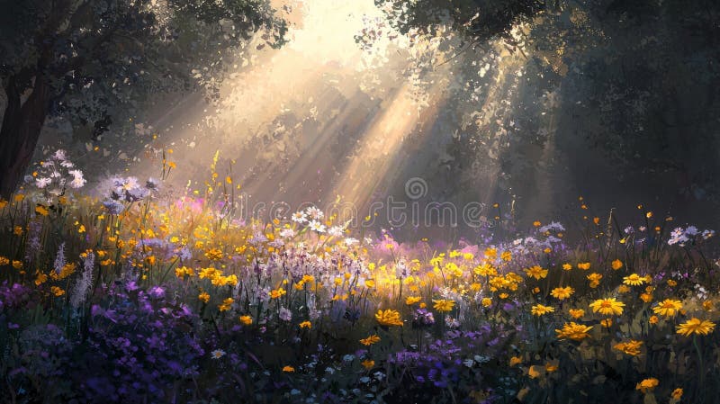 Trees Towering Overhead Frame a Field of Wildflowers Basking in the ...