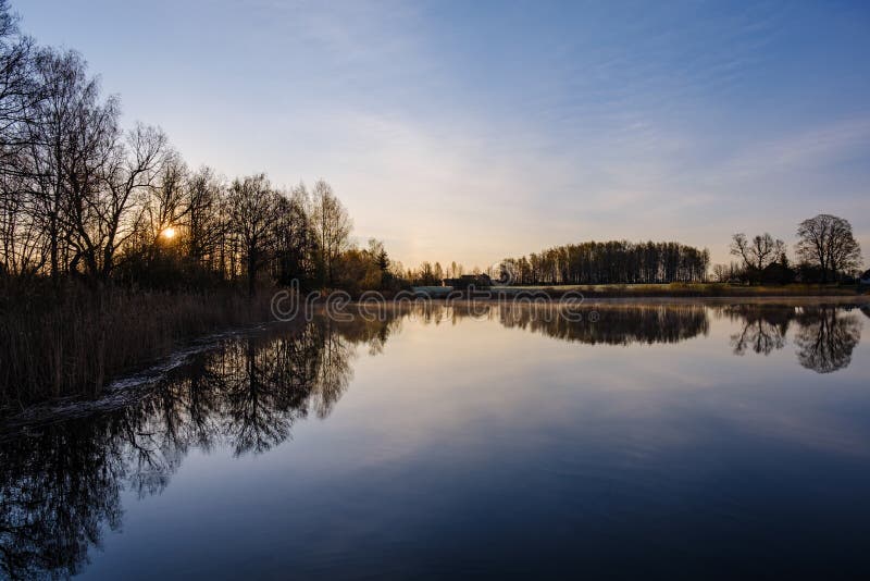 Trees by the Water with Sky Reflections Stock Image - Image of ...