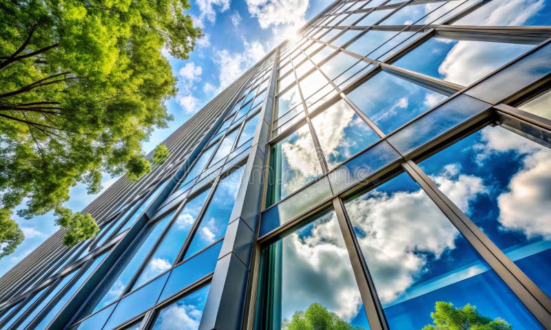 Treetops and the Reflection of Clouds on a High-rise Office Building ...