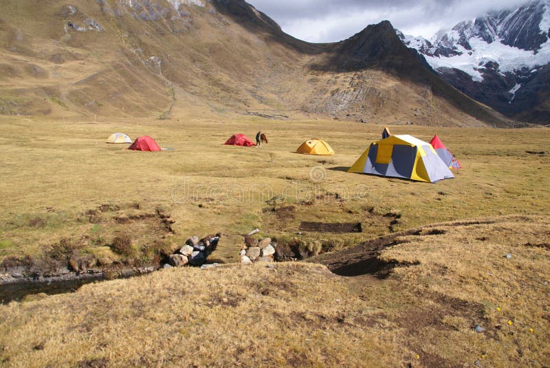 Trekkers Campsite and Tents Stock Image - Image of stark, mountains ...