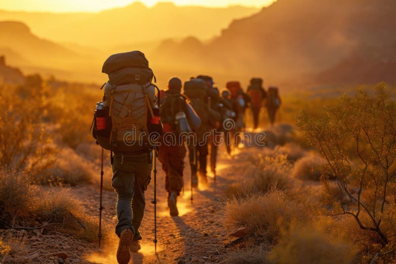 Trekking Adventurers Walking in Golden Hour Light in the Rugged Terrain ...
