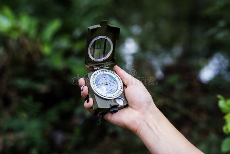 Trekking in a Forest with Compass Stock Image - Image of exploration ...