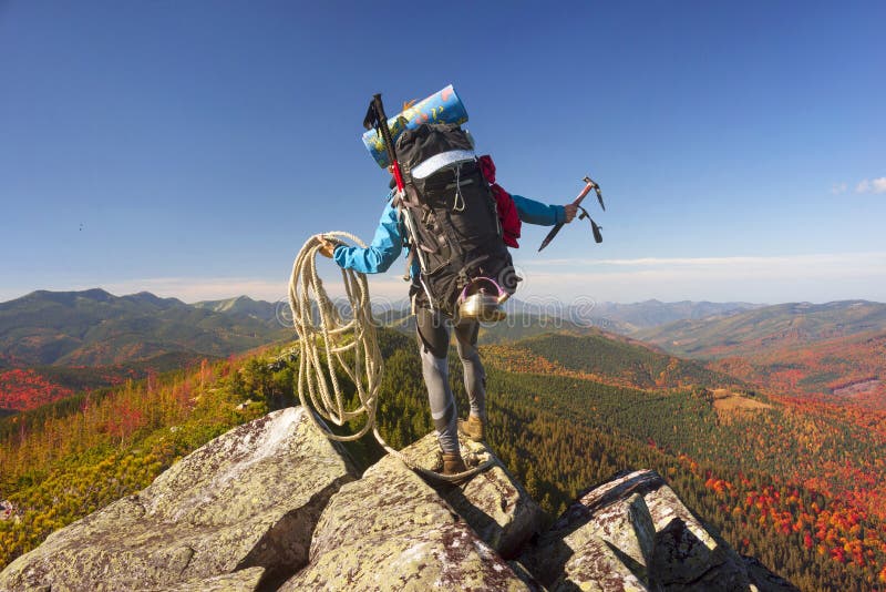Trekking in the Mountains with a Huge Backpack Stock Photo - Image of ...