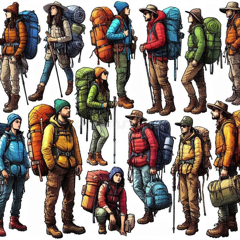 Various pose of trekkers stock illustration. Illustration of trekker ...