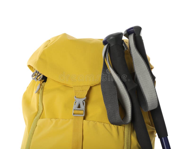 Trekking Poles and Yellow Backpack on White Background Stock Image ...
