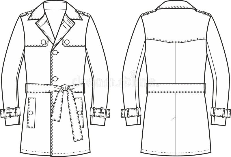 Trench Coat Flat Sketch. Buttoned Overcoat Apparel Design. Outerwear ...