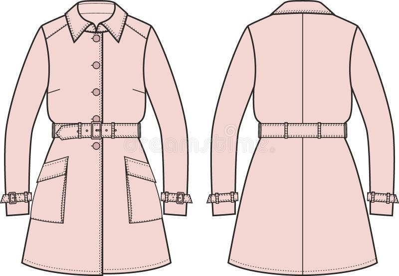 Trench Coat Flat Sketch. Buttoned Overcoat Apparel Design. Outerwear ...