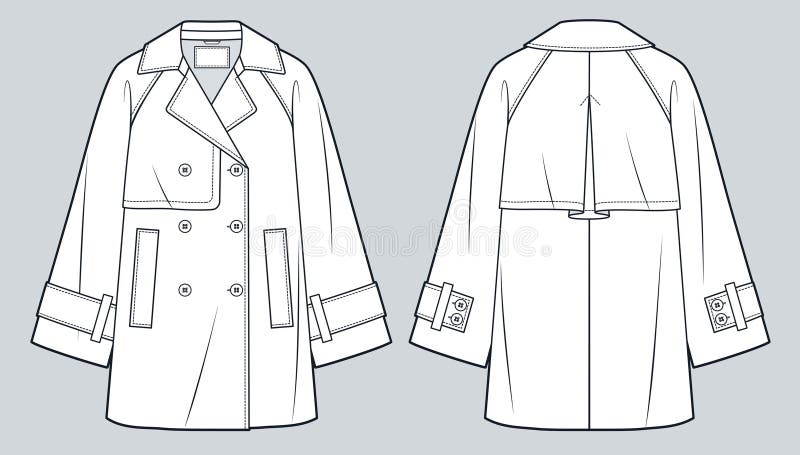 Trench Coat Technical Fashion Illustration. Button Up Coat Fashion Flat ...