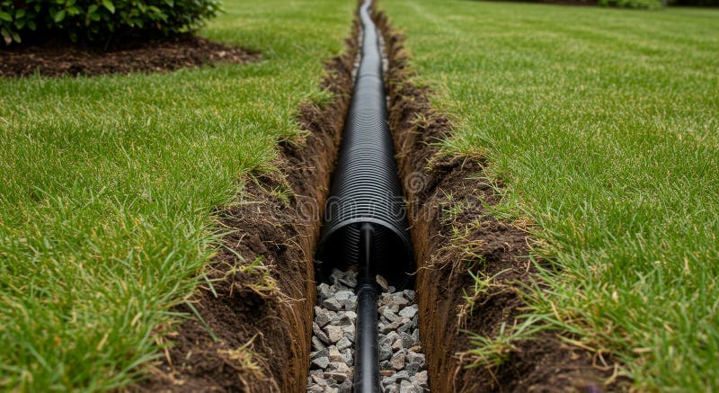 Underground Drainage System Installation a Trench with a Drainage Pipe ...