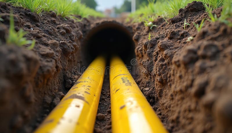 Trenchless Tech Detailed Image. Yellow Pipes Underground. Technique ...