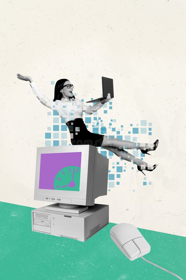 Trend Banner Colllage of Person Sit Old School Computer with Mosaic ...