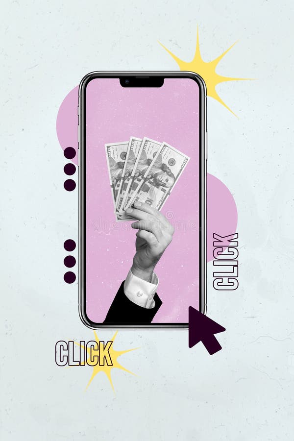 Trend Collage of People Hold Money in Phone Screen with Click Phrase on ...
