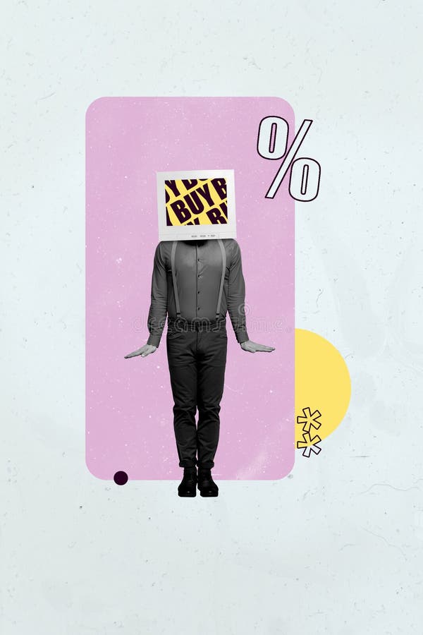 Trend Creative Collage of Person with Pc Computer Stand Face Buy Screen ...