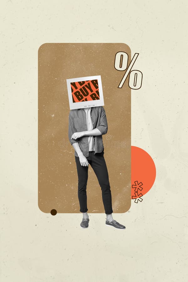 Trend Creative Collage of Person with Pc Computer Stand Face Buy Screen ...
