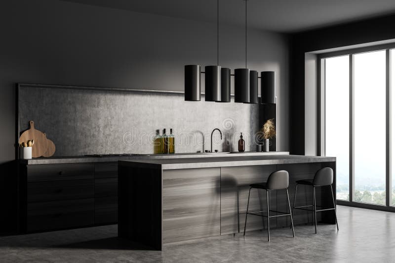 On Trend Grey Kitchen with Breakfast Bar. Corner View Stock ...