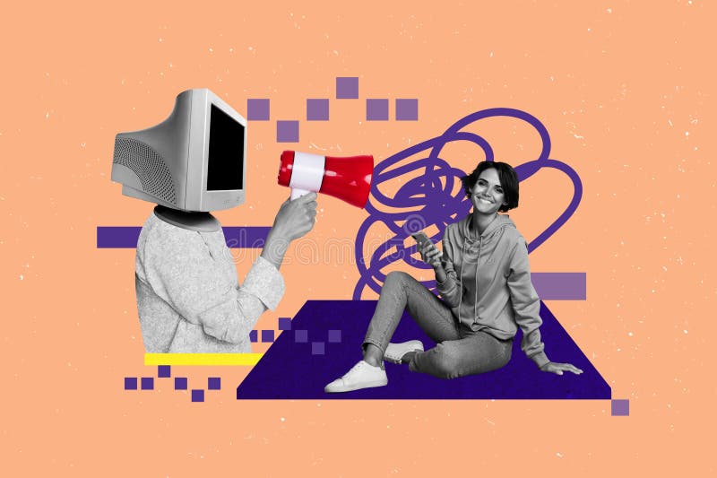 Trend Pop Collage of Person with Computer Head Scream Loudspeaker Use ...
