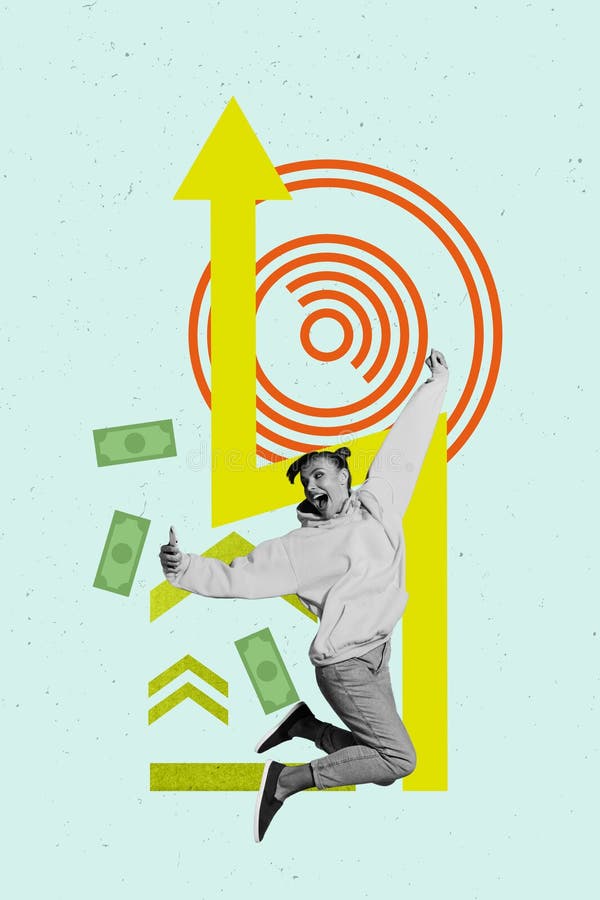 Trend Surreal Collage of Person with Button Circle Go Up on Blue ...