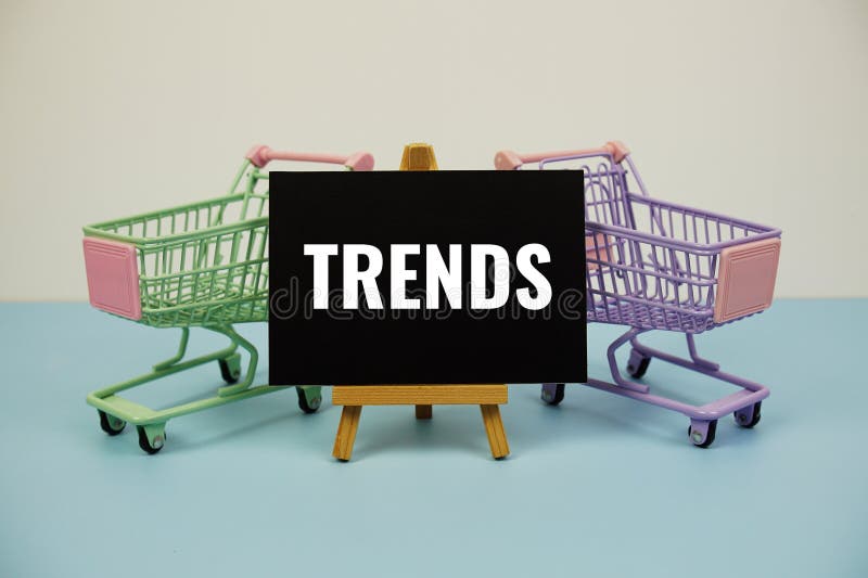 Trends Text Message and Trolley Shopping Cart on Blue Background Stock ...