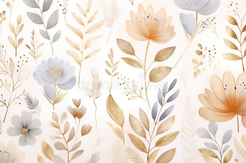 Trendy Background Pattern with Botanical Floral Motifs and Gold Foil ...