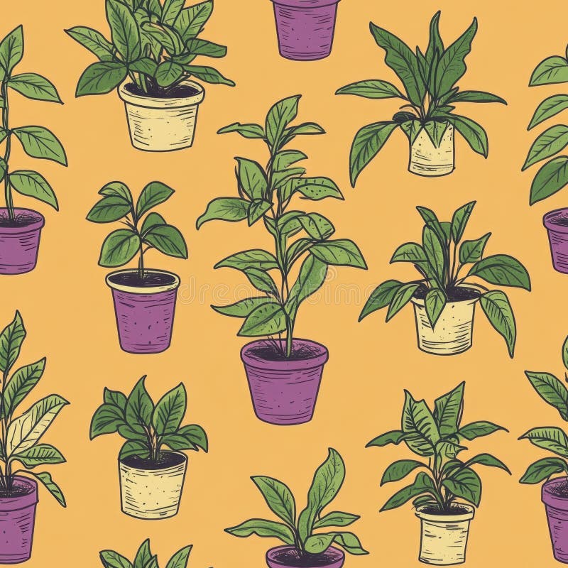 Trendy Botanical Pattern with Potted Plants on Vibrant Background ...
