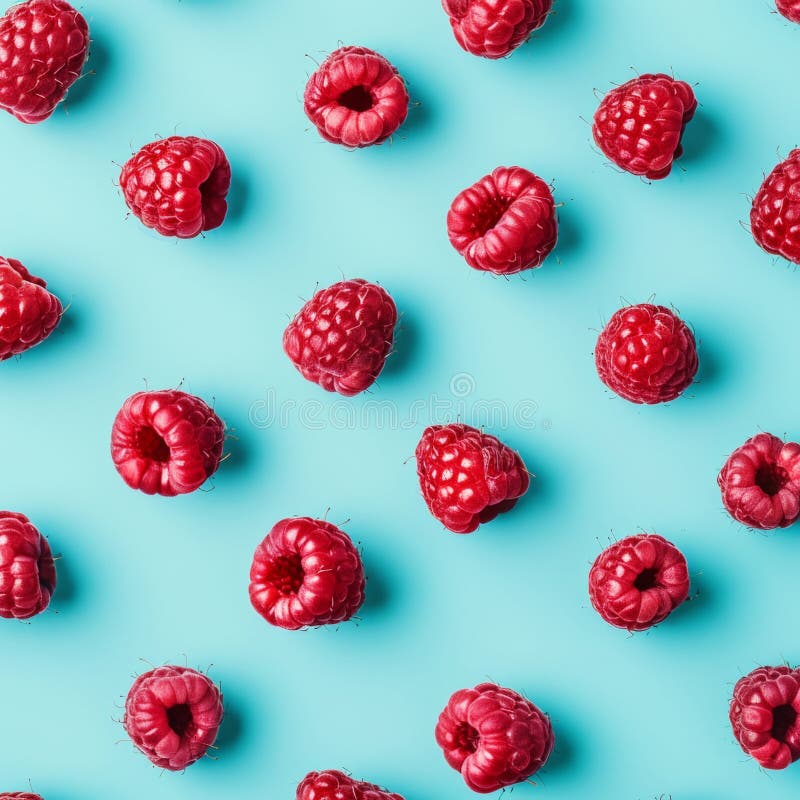 Trendy Bright Pattern of Red Berries (raspberry). Pastel Light Blue ...