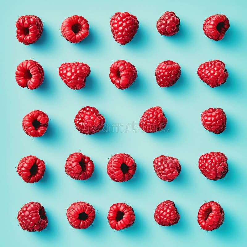 Trendy Bright Pattern of Red Berries (raspberry). Pastel Light Blue ...