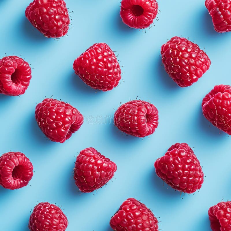 Trendy Bright Pattern of Red Berries (raspberry). Pastel Light Blue ...