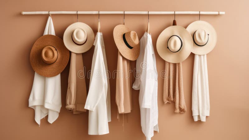 Trendy Capsule Wardrobe in Beige and White on a Hanger with Straw Hats ...