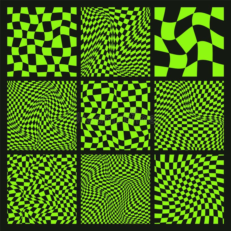 Trendy Checkered Pattern, Black and Green Distorted Tiled Grid. Wavy ...
