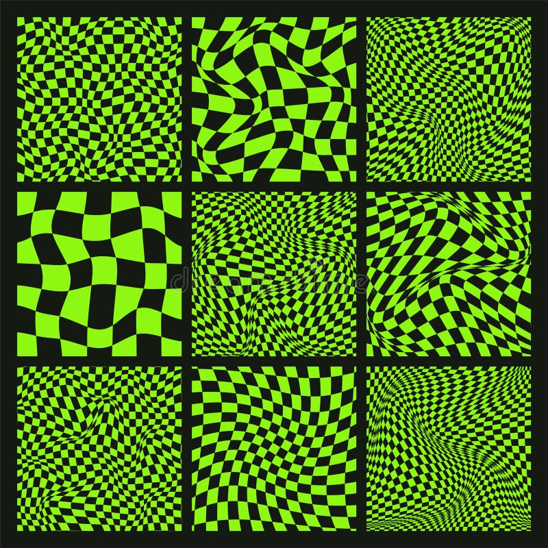 Trendy Checkered Pattern, Black and Green Distorted Tiled Grid. Wavy ...