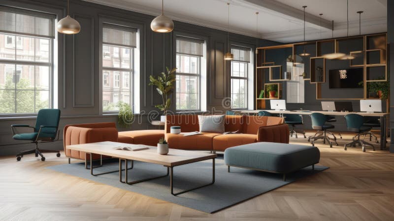 A Trendy Collaborative Workspace Featuring a Mix of Comfortable Seating ...