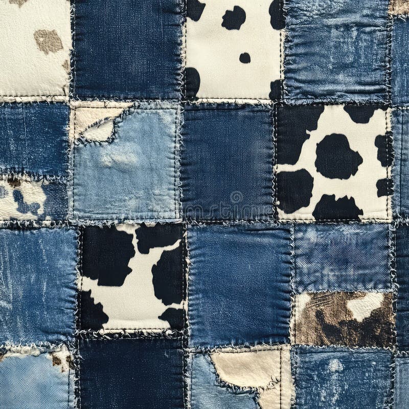 Trendy Cow Print and Denim Patchwork Texture Stock Image - Image of ...