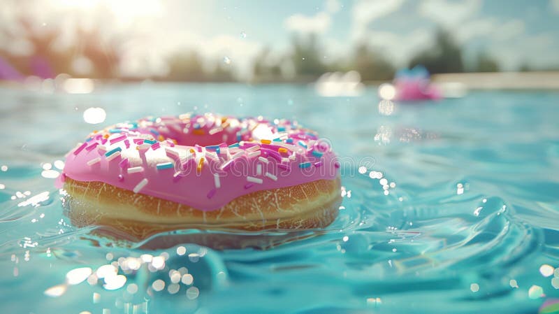 A Trendy Donut Float Gently Lands on the Sparkling Clear Pool Water ...