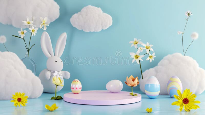 Trendy Easter Greeting with Product Podium, Spring Flower, Cloud ...