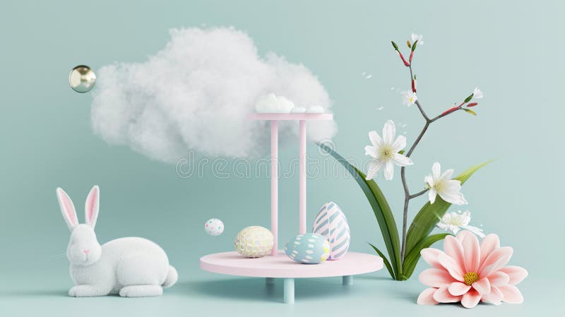 Trendy Easter Greeting with Product Podium, Spring Flower, Cloud ...