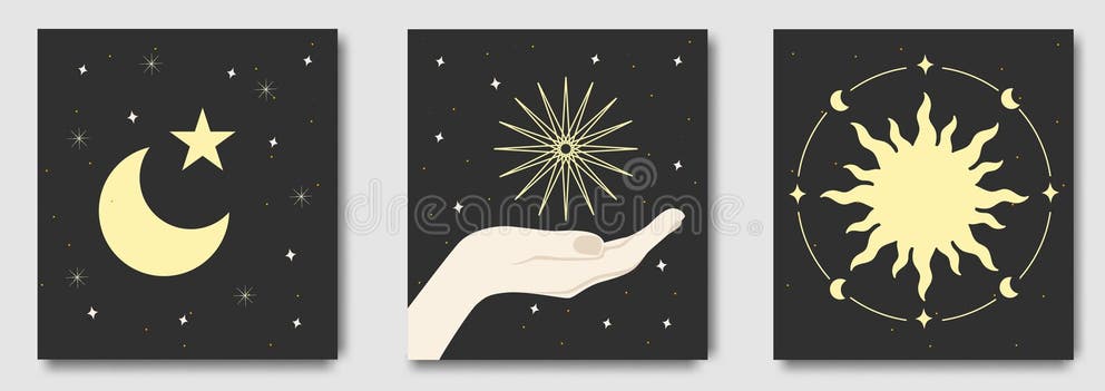 A Set of Esoteric Mystical Posters with Spiritual Symbols, Moon, Sun ...