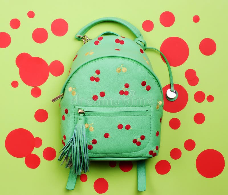 Trendy Female Backpack from Light Green Leather with a Cherry Print ...
