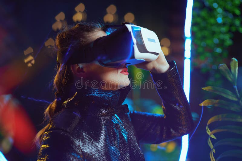Trendy Female in Metaverse in Vr Headset Stock Image - Image of older ...