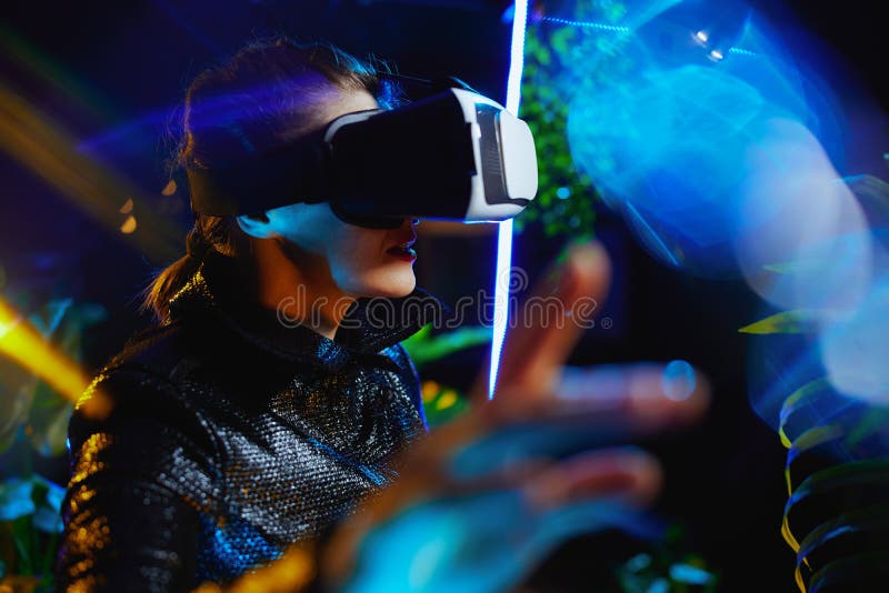 Trendy Female in Virtual Reality in Vr Headset Exploring Stock Photo ...