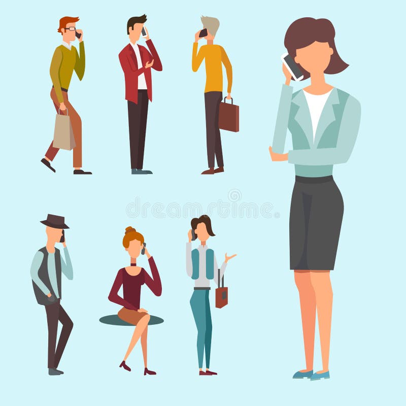 Trendy Flat People with Phone Gadgets Group Characters Using Hi Tech ...