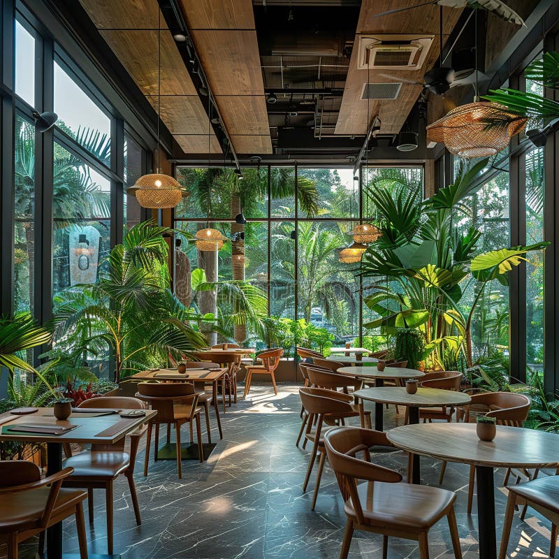 Trendy Garden Cafe with Lush Greenery Views and Eco Friendly Modern ...