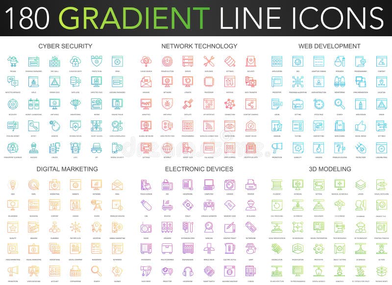 180 Trendy Gradient Vector Thin Line Icons Set of Cyber Security ...