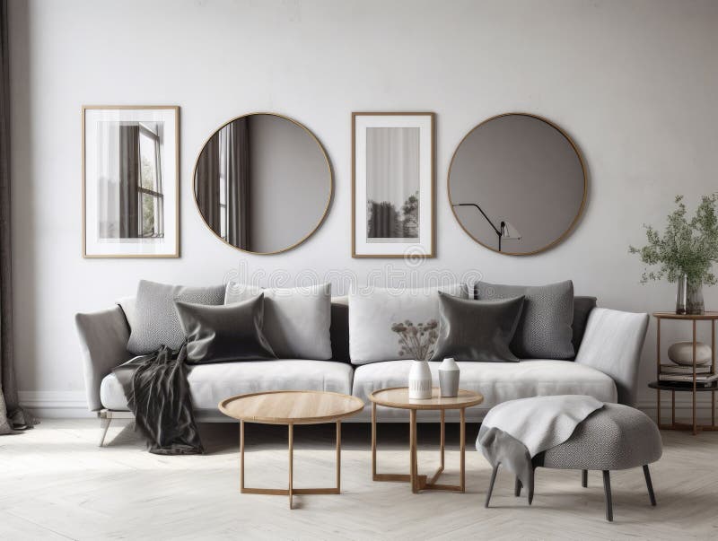 Trendy Grey Modern Living Room with Mock Up Frame Above Sofa ...