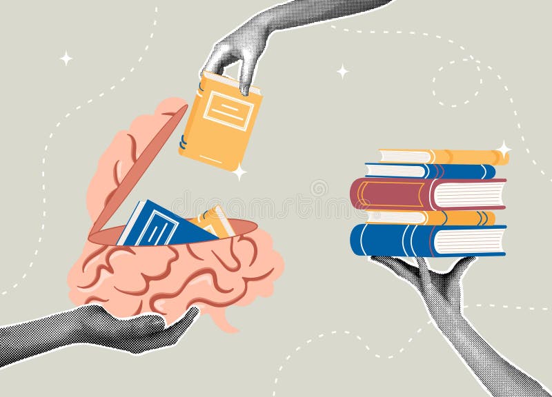 Trendy Halftone Collage. Books about Knowledge Transfer and Learning ...